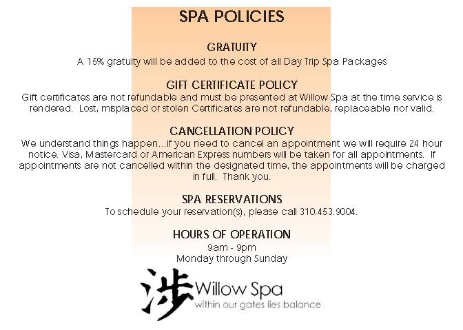 Willow Spa Menu